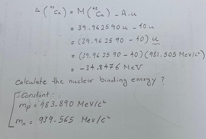 Solved find binding energy with steps ?40 A ( "C₂) = M (¹ | Chegg.com