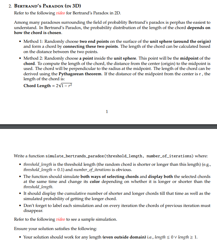 Solved 2. ﻿Bertrand's Paradox (in 3D)Refer to the following | Chegg.com