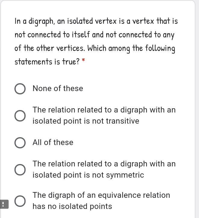 Solved In a digraph, an isolated vertex is a vertex that is | Chegg.com