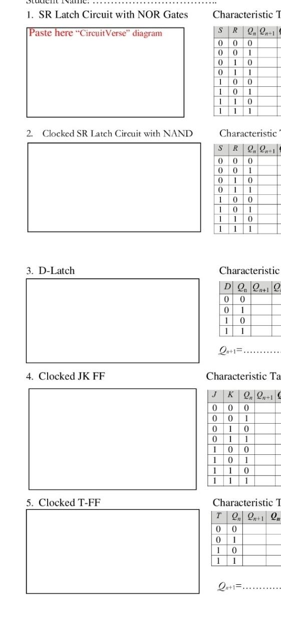 Solved 1. SR Latch Circuit with NOR Gates Characteristic T | Chegg.com