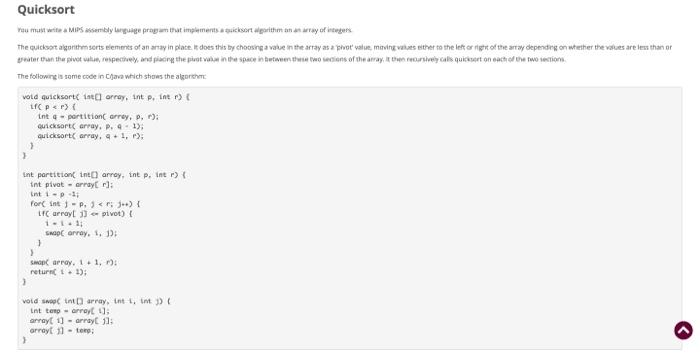 Solved Quicksort You Must Write A Mips Assembly Language 