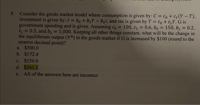 Solved 9. Consider the goods market model where consumption | Chegg.com