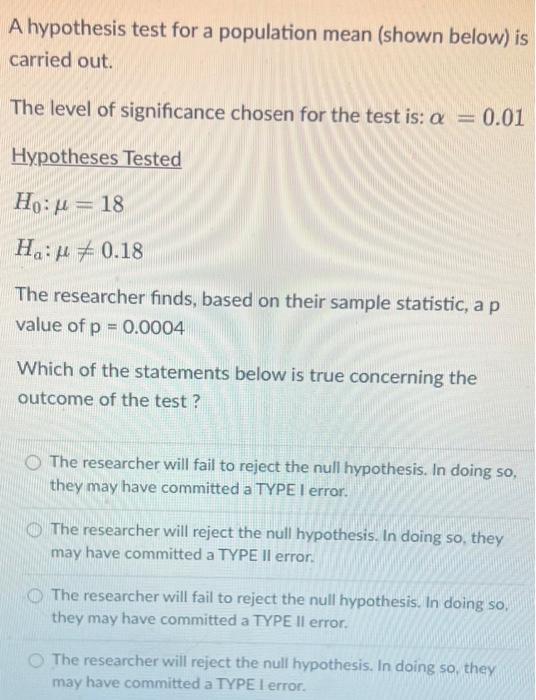 Solved A hypothesis test for a population mean (shown below) | Chegg.com