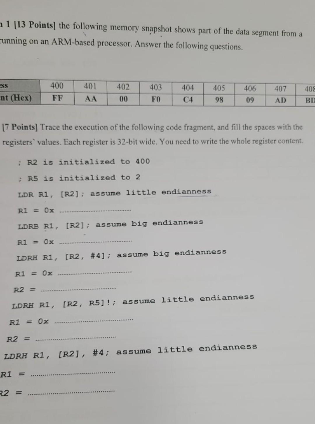 Solved 1 [13 Points] the following memory snapshot shows | Chegg.com