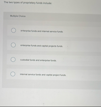 Solved The two types of proprietary funds include:Mutiple | Chegg.com