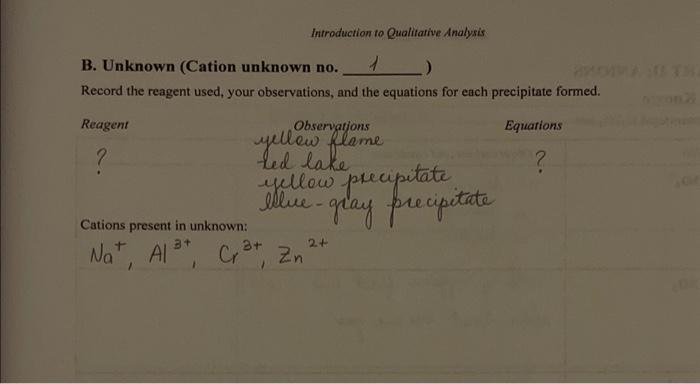 Solved B. Unknown (Cation unknown no. Record the reagent | Chegg.com