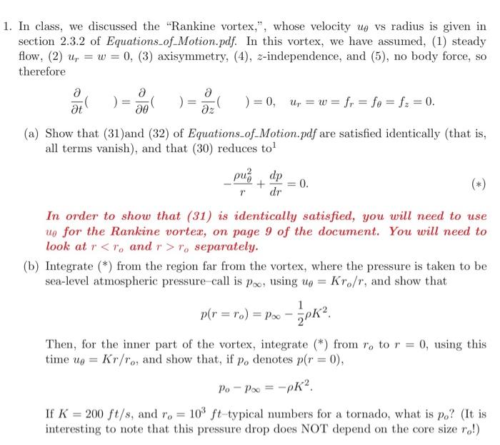 Solved 1. In class, we discussed the "Rankine vortex,", | Chegg.com