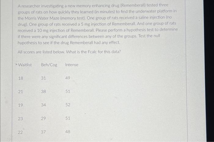 Solved A researcher investigating a new memory enhancing | Chegg.com
