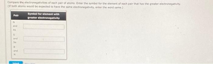 Solved Compare the electronegativities of each pair of | Chegg.com