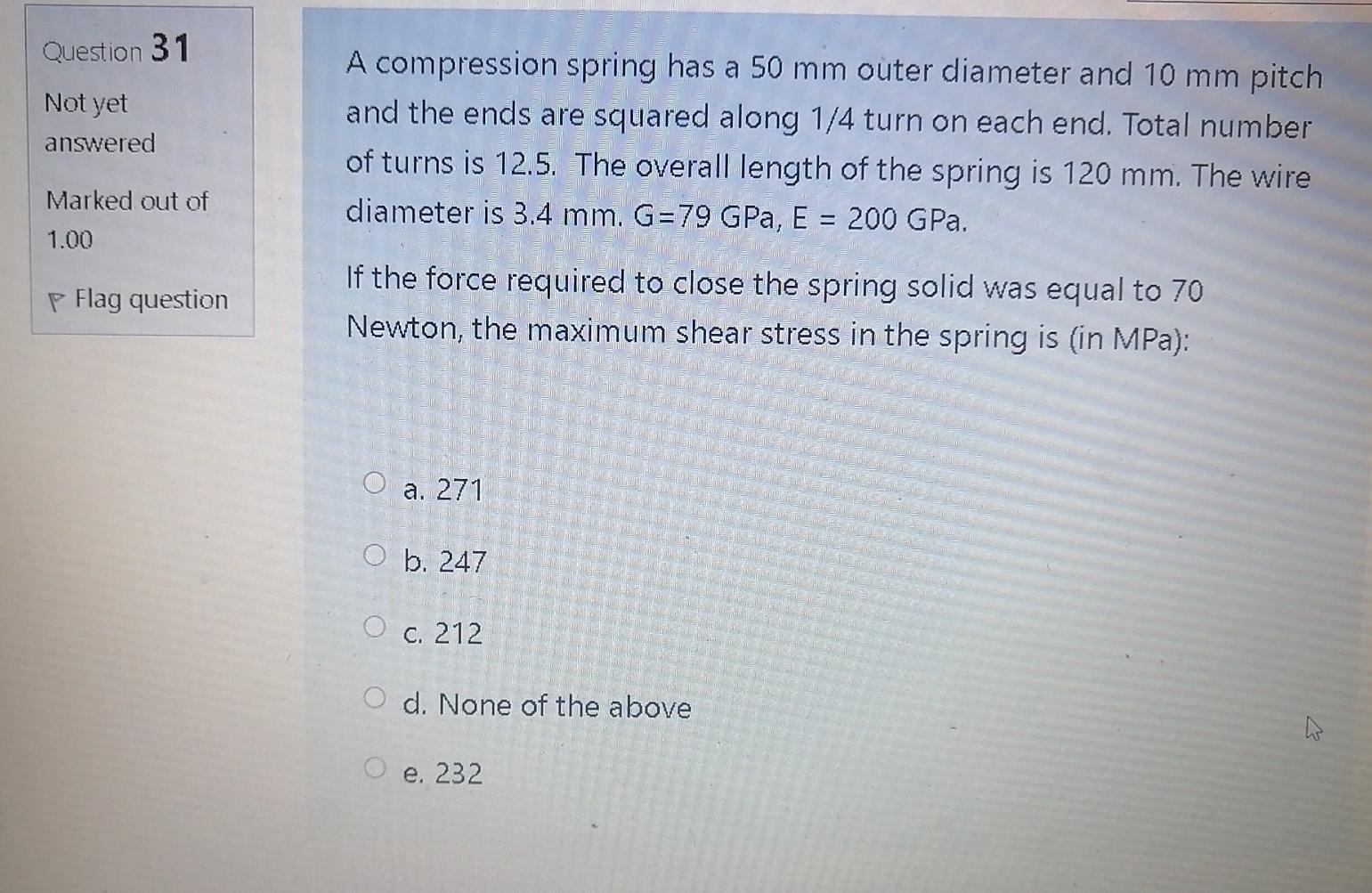 Solved Question 31 Not yet answered A compression spring has | Chegg.com