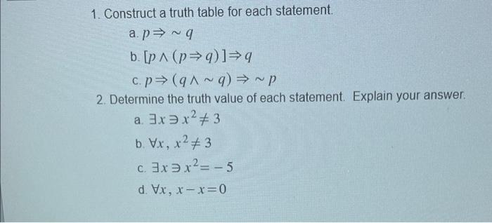 Solved 1. Construct a truth table for each statement. a. | Chegg.com