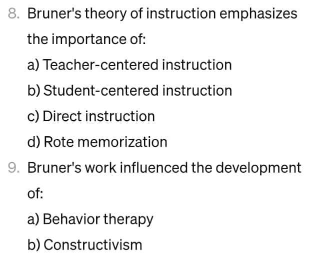 Solved Bruner's theory of instruction emphasizes the | Chegg.com
