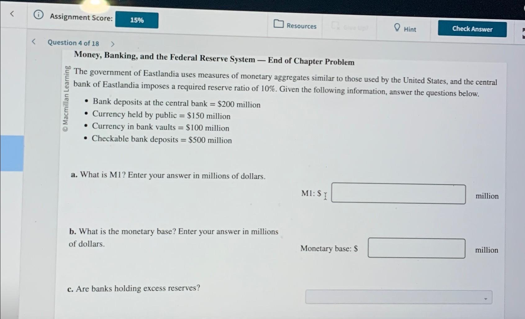 Solved Assignment Score:ResourcesHintQuestion 4 ﻿of 18Money, | Chegg.com