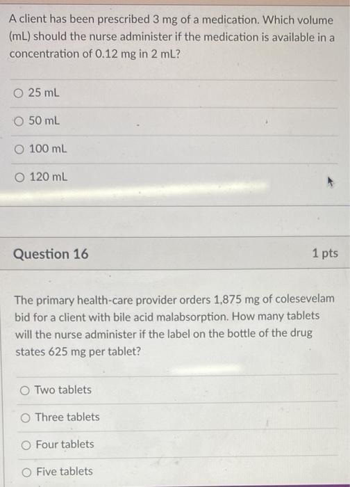 Solved A client has been prescribed 3 mg of a medication. | Chegg.com