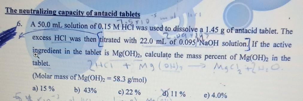 Solved MHCO The neutralizing capacity of antacid tablets cl | Chegg.com