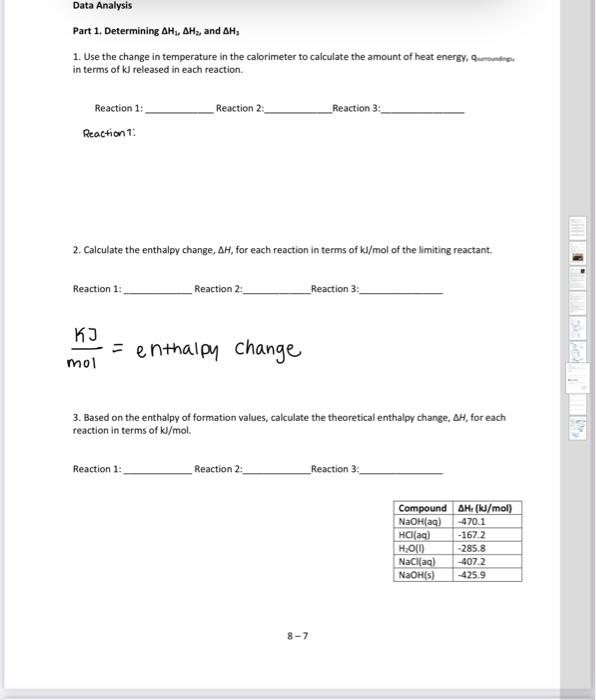 Solved Data Table 1: Determining the Enthalpy of Reaction 1 | Chegg.com
