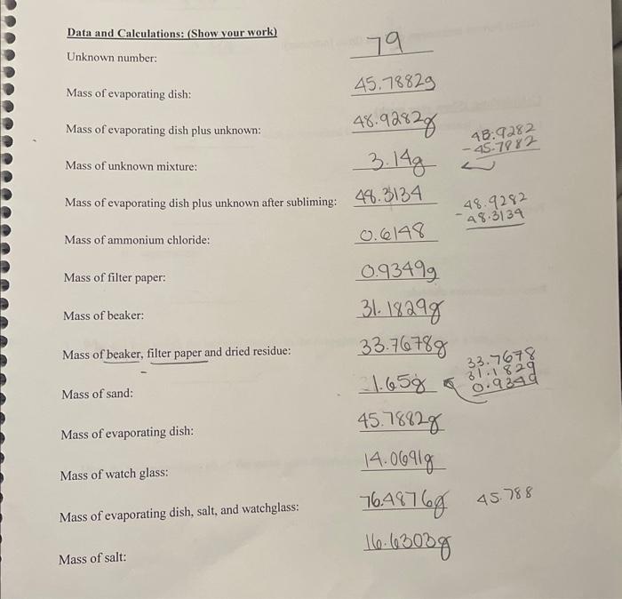 Solved Data and Calculations: (Show vour work) Unknown | Chegg.com