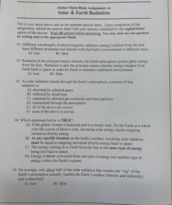 Solved Online Open-Book Assignment on Solar & Earth | Chegg.com