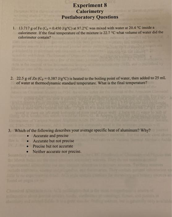 Solved Experiment 8 Calorimetry Postlaboratory Questions 1. | Chegg.com