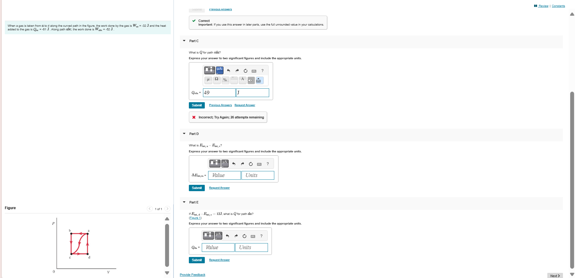 Solved please solve part c, d, ﻿and e ﻿When a gas is ﻿taken | Chegg.com
