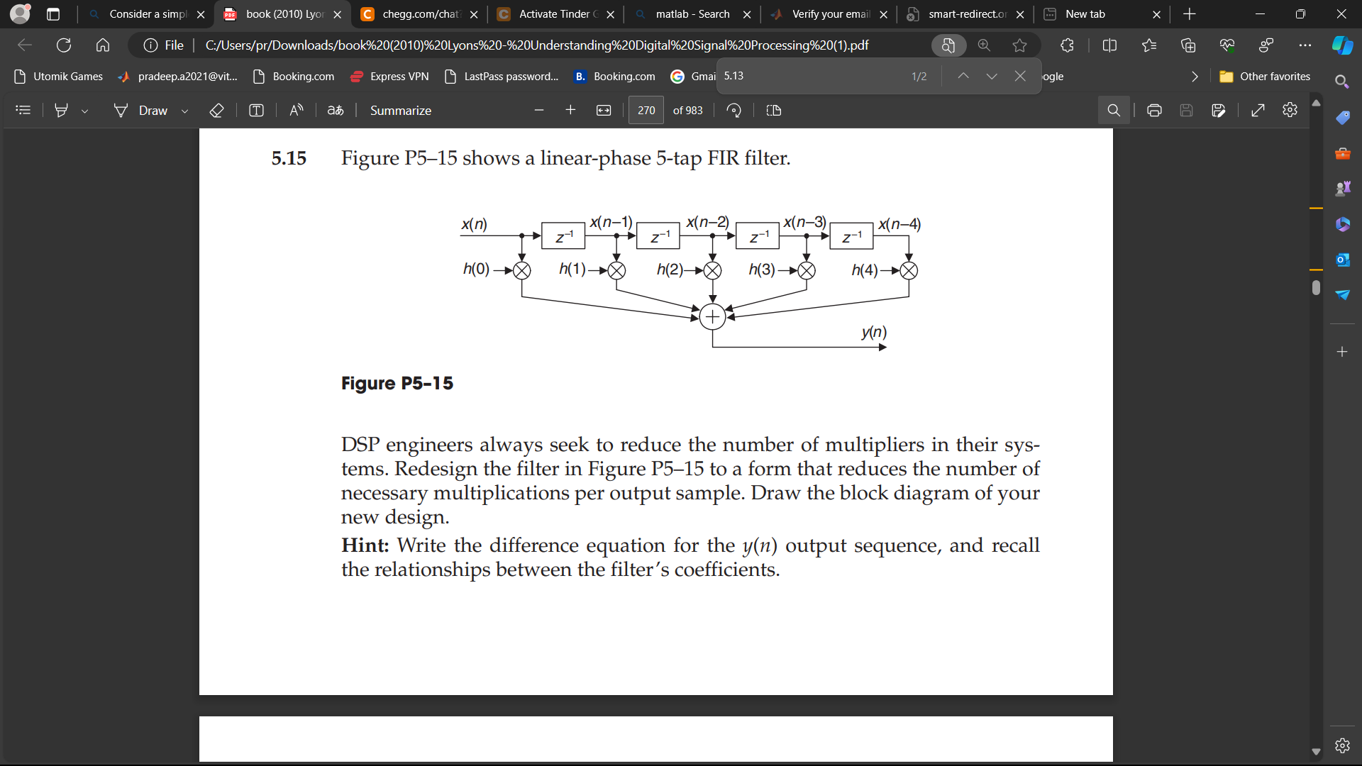 5.15 ﻿Figure P5-15 ﻿shows a linear-phase 5-tap FIR | Chegg.com