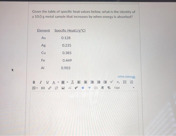 Given the table of specific heat values below, what | Chegg.com
