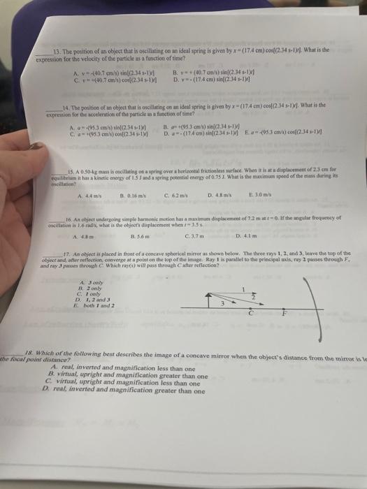 Solved 13. The position of an object that is oscillating on | Chegg.com