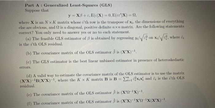 Solved Part A : Generalized Least-Squares (GLS) Suppose that | Chegg.com