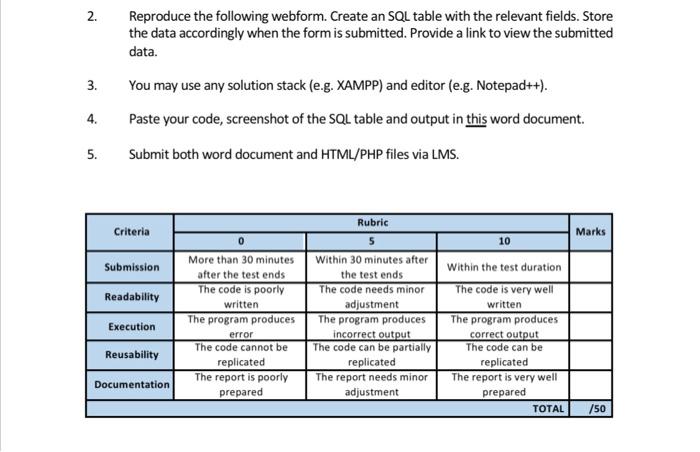 2 Reproduce The Following Webform Create An Sql