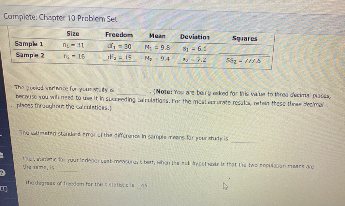 Solved Complete: Chapter 10 Problem Set Size Freedom Sample | Chegg.com