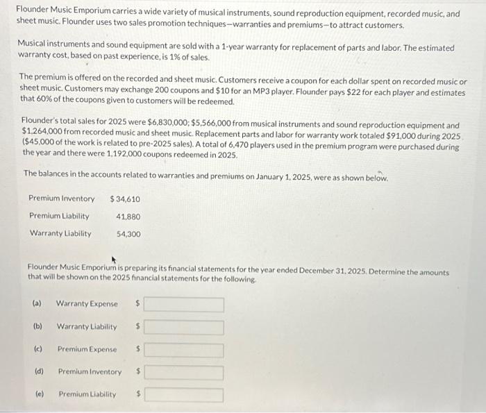 Solved Flounder Music Emporium carries a wide variety of | Chegg.com