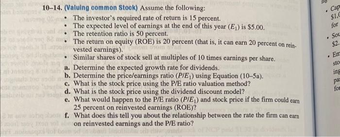 Solved 10-14. (Valuing common Stook) Assume the following: - | Chegg.com