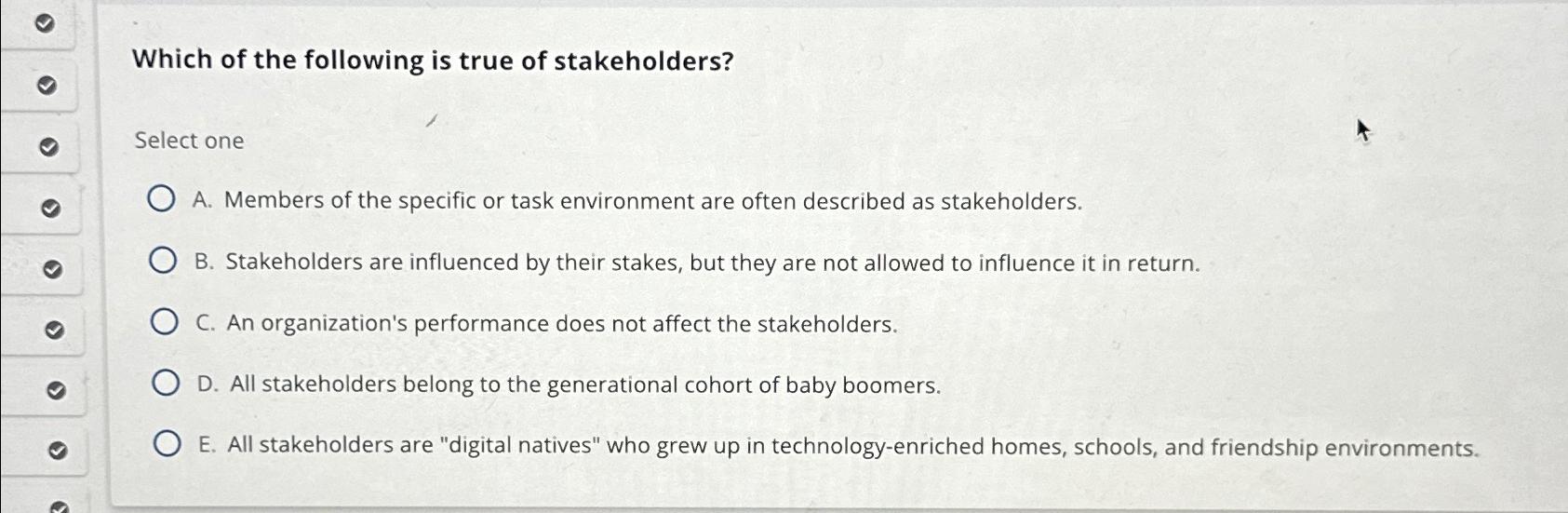 Solved Which of the following is true of stakeholders?Select | Chegg.com