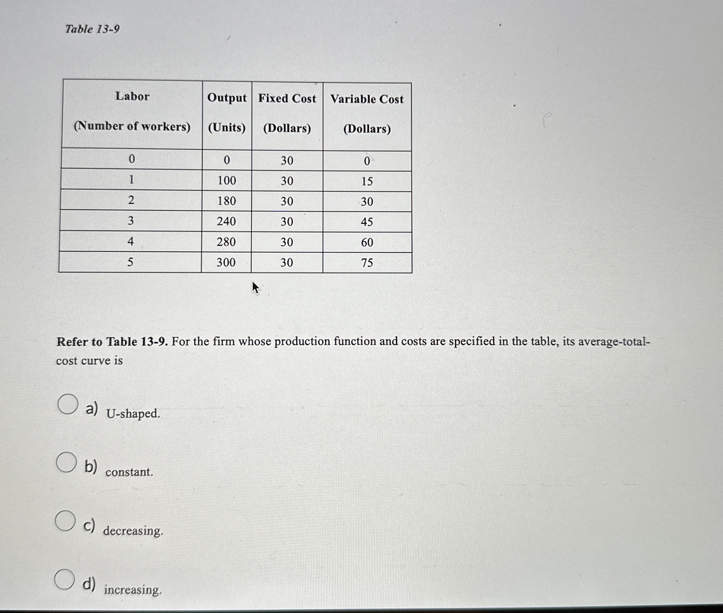 Solved Table 13-9\table[[Labor,Output,Fixed Cost,Variable | Chegg.com Solved Table 13-9\table[[Labor,Output,Fixed Cost,Variable | Chegg.com