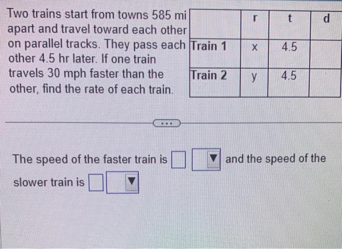 Solved Two trains start from towns 585mi apart and travel | Chegg.com