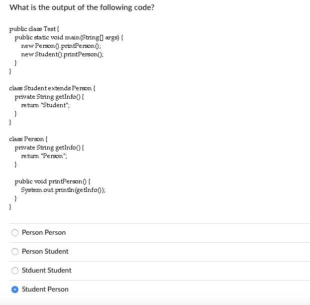 Solved What is the output of the following code? public | Chegg.com