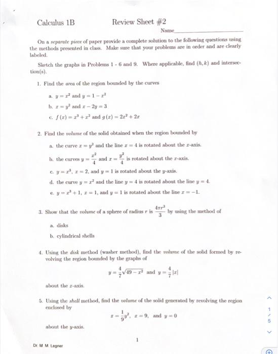 Solved Calculus 1B Review Sheet #2 Name On a separate picce | Chegg.com