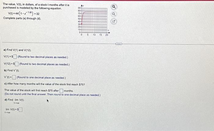 Solved The value, V(t), in dollars, of a stock t months | Chegg.com