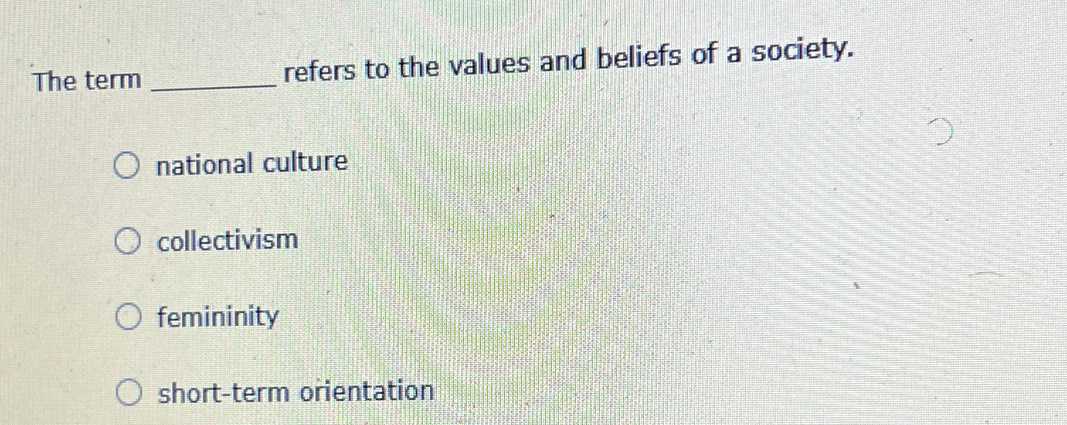 Solved The term refers to the values and beliefs of a | Chegg.com