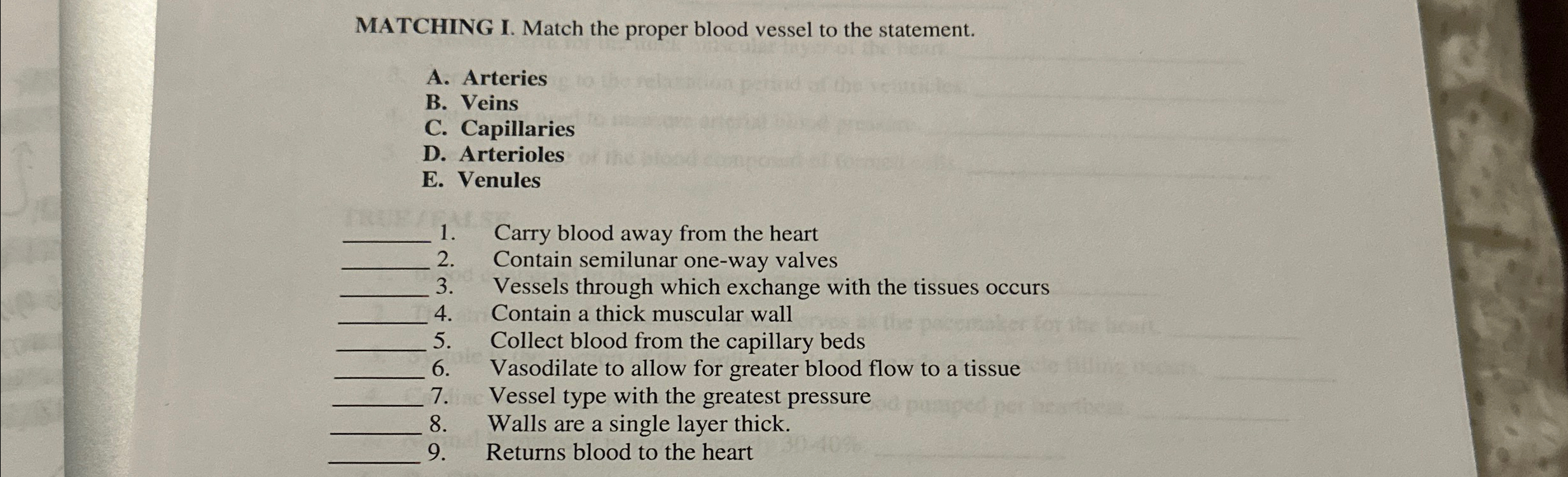 Solved MATCHING I. Match the proper blood vessel to the | Chegg.com