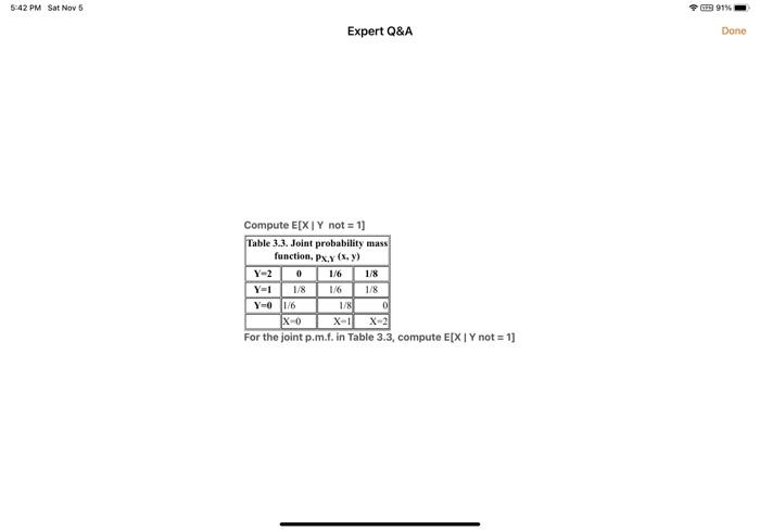 Solved Compute E[X|Y not =1] For the joint p.m.f. in Table | Chegg.com