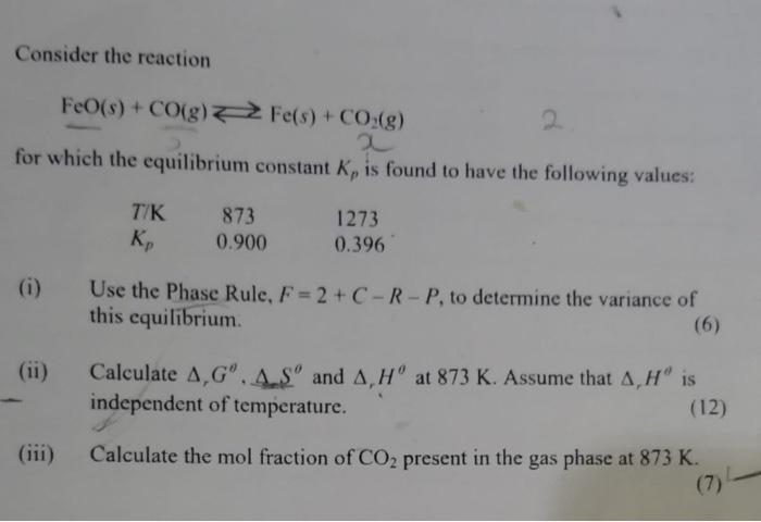 Solved Consider the reaction FeO(s)+CO(g) Fe(s)+CO2(g) for | Chegg.com