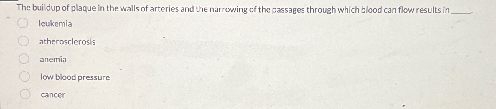 Solved The buildup of plaque in the walls of arteries and | Chegg.com