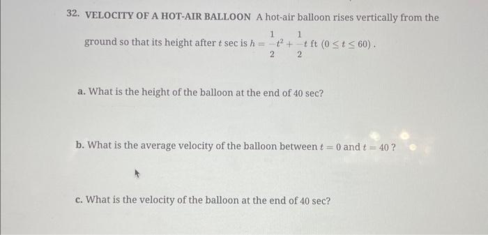 Solved 32. VELOCITY OF A HOT-AIR BALLOON A hot-air balloon | Chegg.com