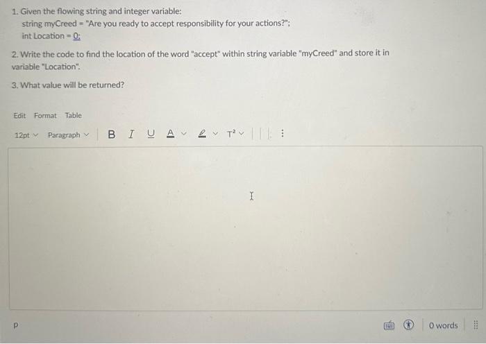 Solved 1. Given the flowing string and integer variable: | Chegg.com