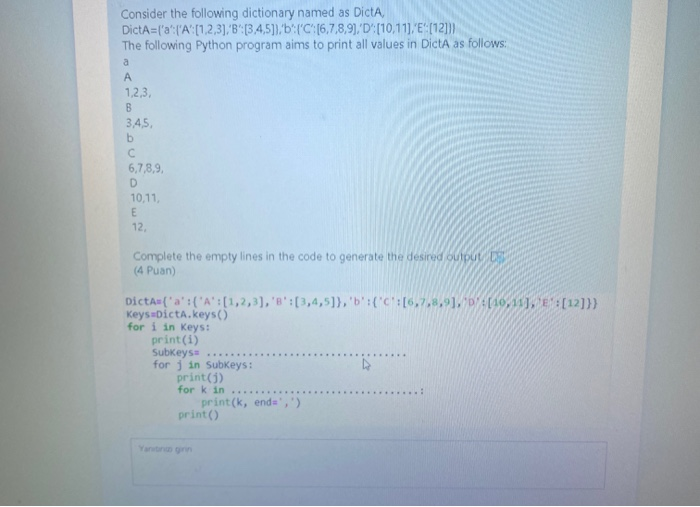 Solved Consider the following dictionary named as Dicta, | Chegg.com