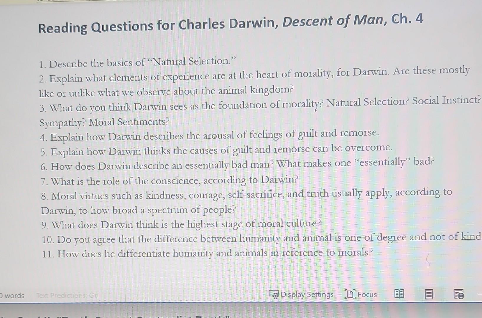 Reading Questions for Charles Darwin, Descent of Man, | Chegg.com
