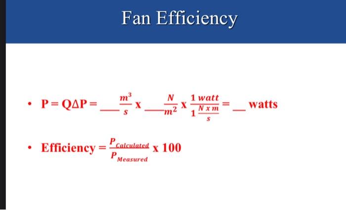Fan Equations 1. V=[(2/ρ)ΔP]1/2 2. Qm=VA2 for orifice | Chegg.com
