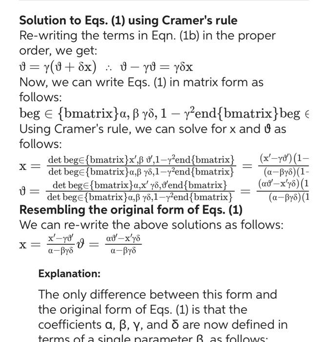Solution to Eqs. (1) using Cramer's rule Re-writing | Chegg.com