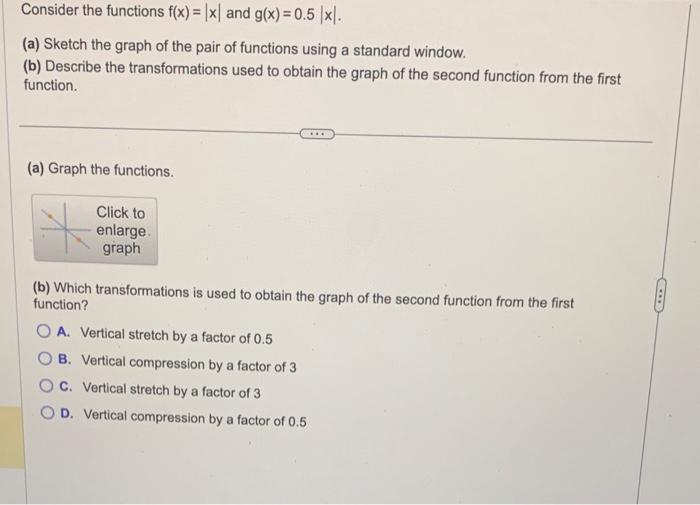Solved Consider the functions f(x)=∣x∣ and g(x)=0.5∣x∣. (a) | Chegg.com